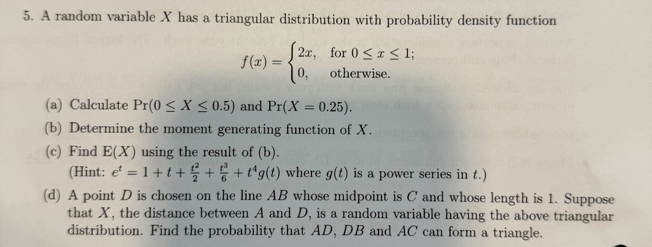 Solved A random variable x ﻿has a triangular distribution | Chegg.com