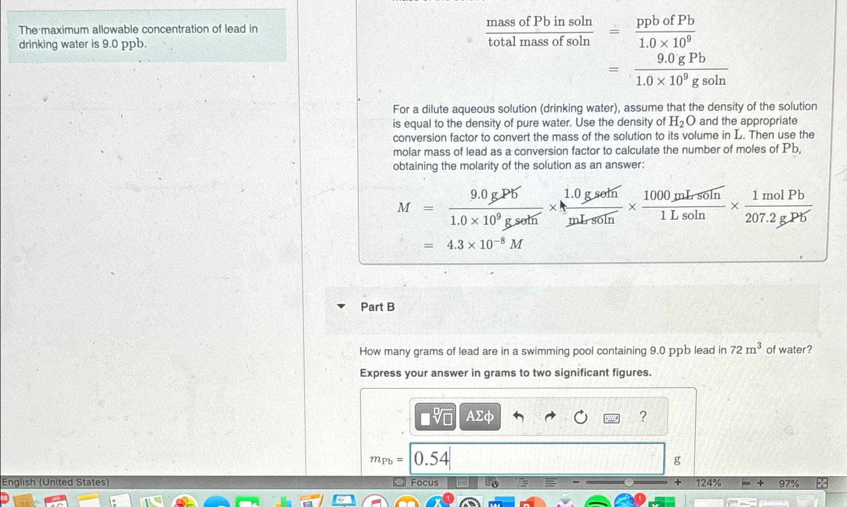 Solved The maximum allowable concentration of lead in | Chegg.com