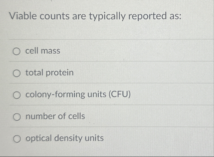 Solved Viable counts are typically reported as:cell | Chegg.com