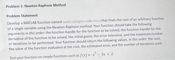 Solved Problem 1: Newton-Raphson Method Problem Statement | Chegg.com