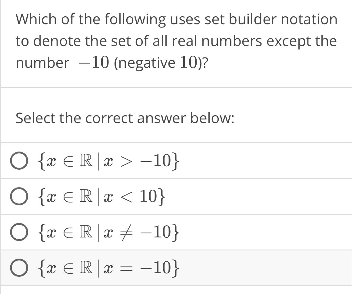 Solved Which of the following uses set builder notation to | Chegg.com