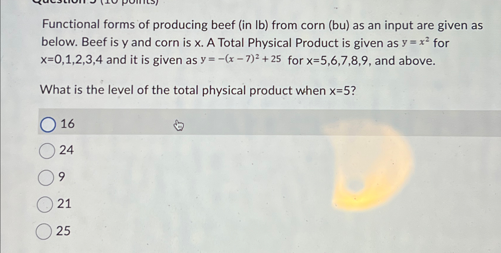 Solved Functional forms of producing beef (in lb) ﻿from corn | Chegg.com