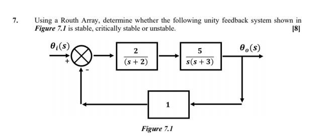 Solved 7. Using a Routh Array, determine whether the | Chegg.com