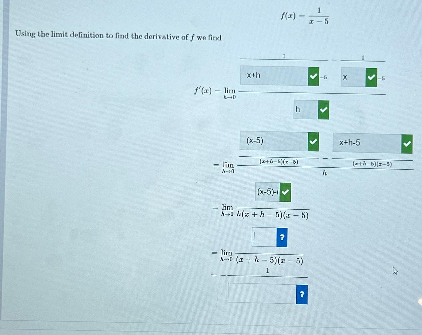 Solved f(x)=1x-5Using the limit definition to find the | Chegg.com