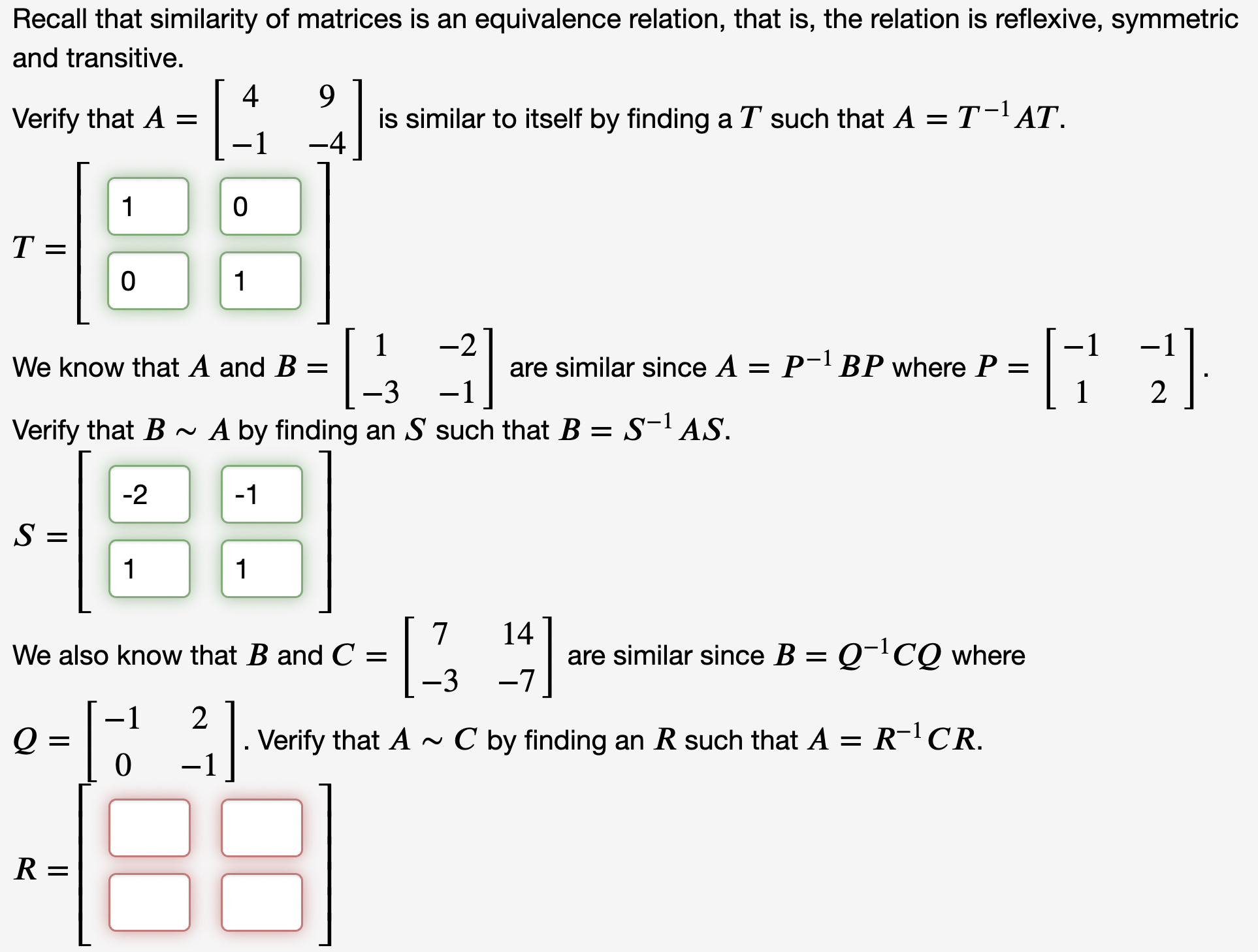 Solved Recall that similarity of matrices is an equivalence | Chegg.com
