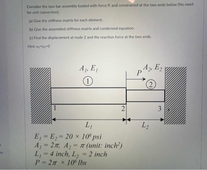 Solved Consider the two bar assembly loaded with force P, | Chegg.com