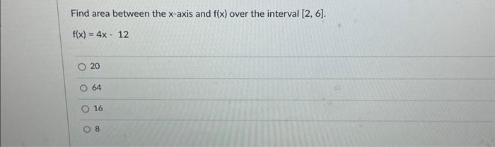 Solved Find area between the x-axis and f(x) over the | Chegg.com