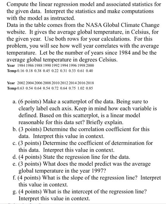 Solved Compute the linear regression model and associated | Chegg.com