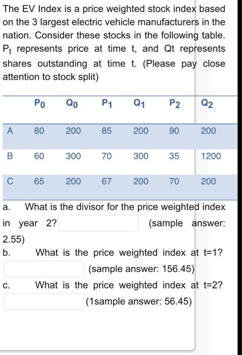 Solved The EV Index is a price weighted stock index based on | Chegg.com