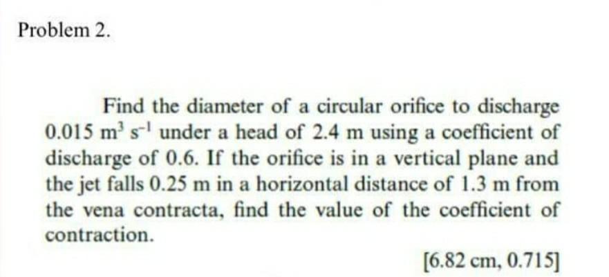 Solved Problem 2. Find the diameter of a circular orifice to | Chegg.com