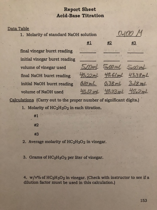 Solved Report Sheet Acid-Base Titration Data Table 1. | Chegg.com