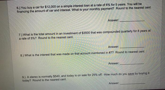 Solved 6.) You buy a car for $12,000 on a simple interest | Chegg.com