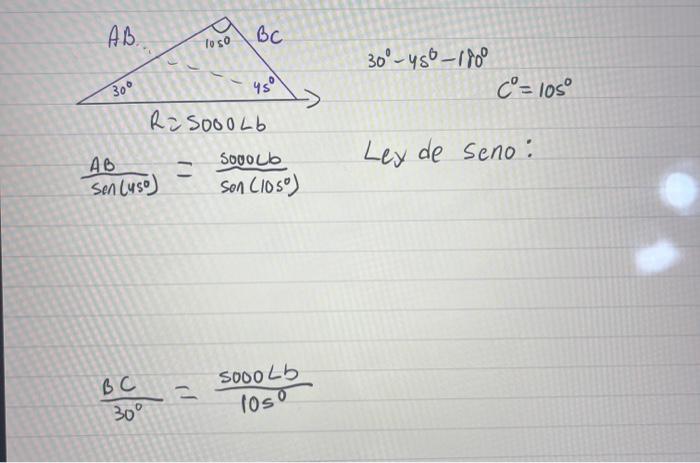 Solved 30∘−45∘−180∘c∘=105∘ sen(45∘)AB=sen(105∘)so00(b Ley de | Chegg.com
