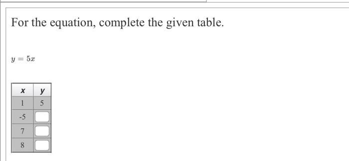 Solved For the equation, complete the given table. y=5x | Chegg.com