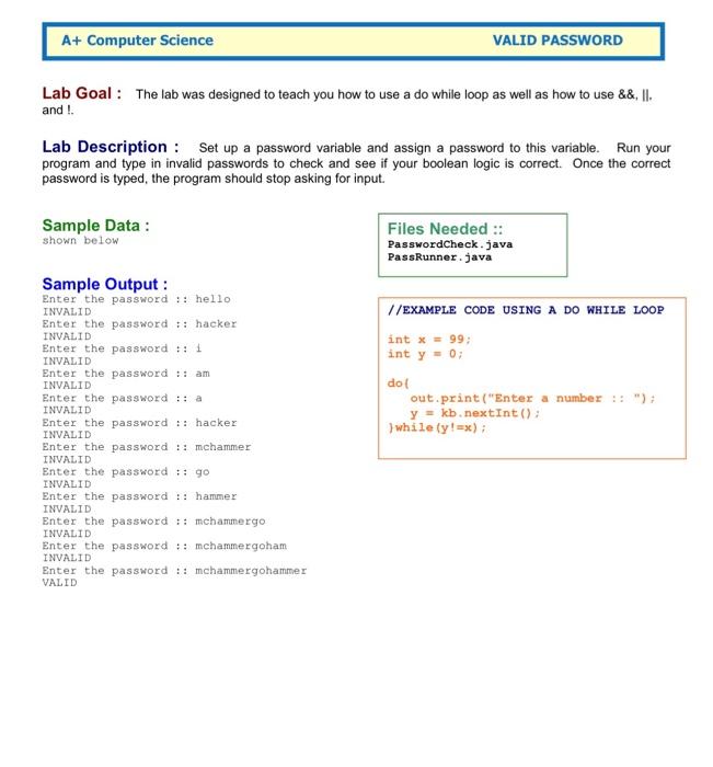 Solved A+ Computer Science VALID PASSWORD Lab Goal: The lab | Chegg.com