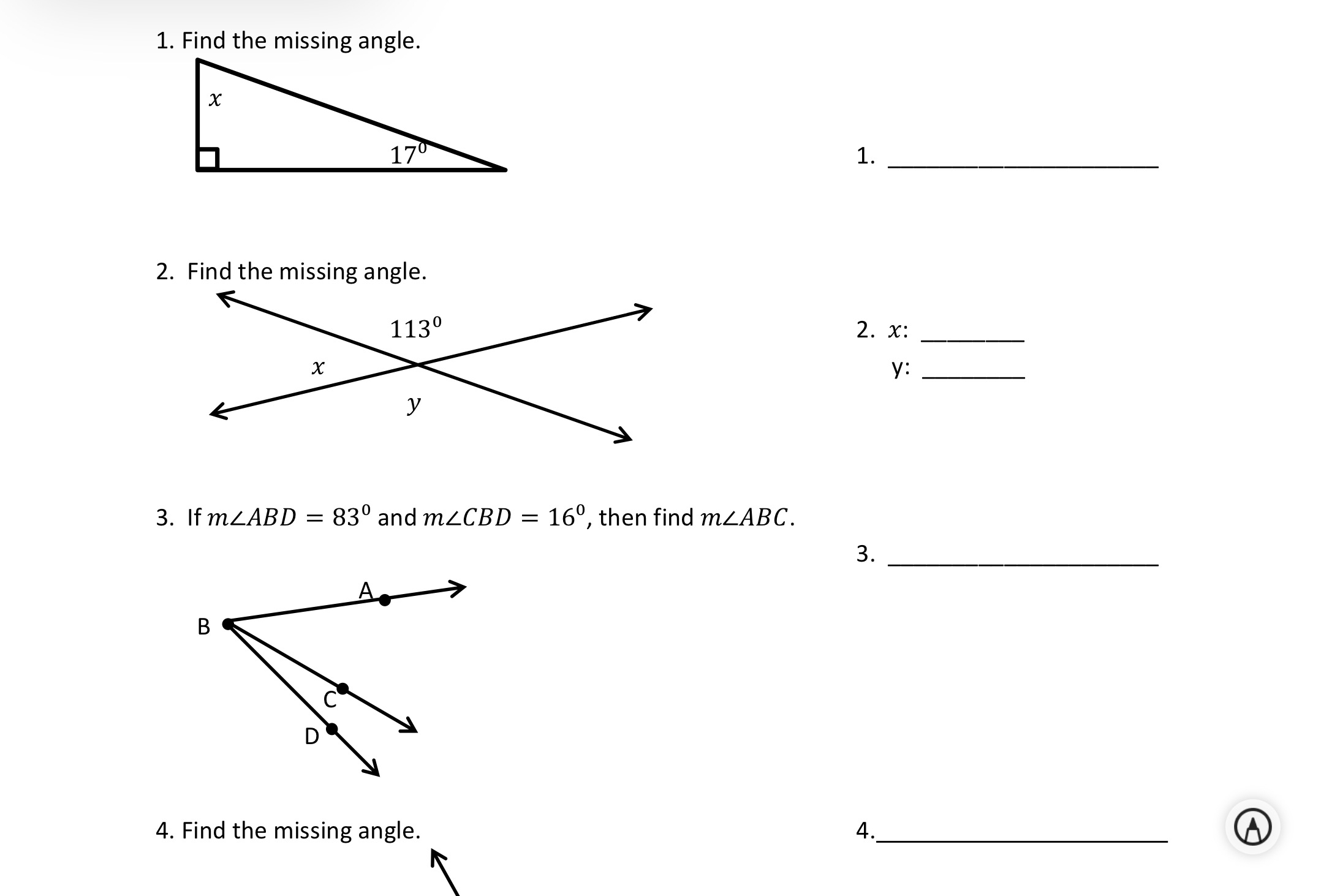 Solved Find the missing angle.12x ﻿:y:If m?ABD=83° ﻿and | Chegg.com