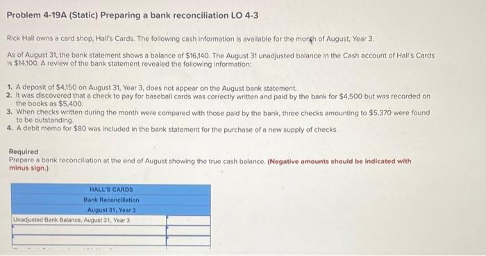 Solved Problem 4-19A (Static) Preparing a bank | Chegg.com
