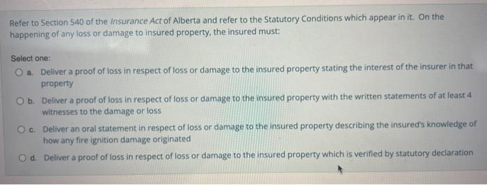 Solved Refer to Section 540 of the Insurance Act of Alberta | Chegg.com