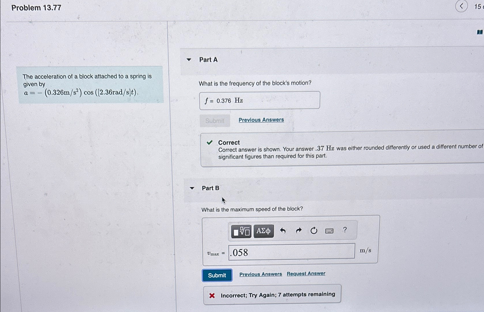 Solved Problem 13.7715The acceleration of a block attached | Chegg.com