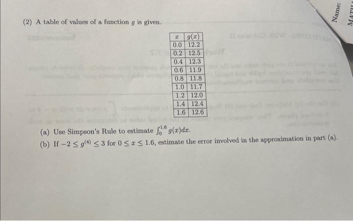 Solved (2) A table of values of a function g is given. (a) | Chegg.com