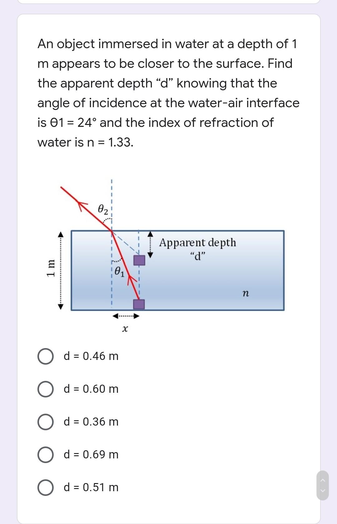 Solved An object immersed in water at a depth of 1 m appears | Chegg.com