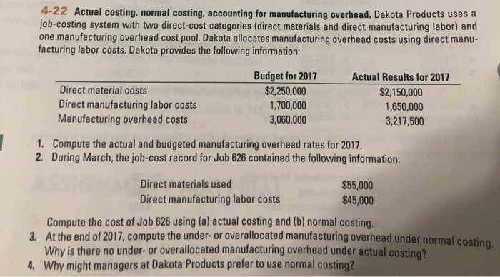 Solved 4-22 Actual costing, normal costing, accounting for | Chegg.com