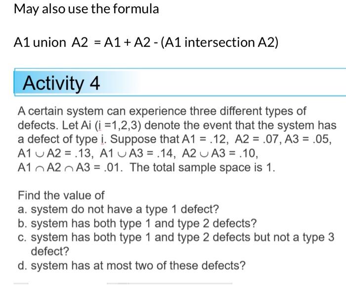 Solved A1 union A2=A1+A2−(A1 intersection A2) Activity 4 A | Chegg.com