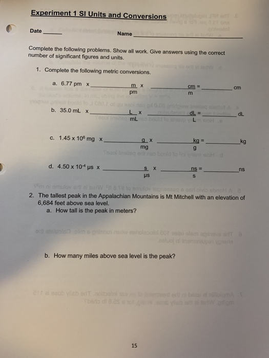 Solved Experiment 1 si Units and Conversions Date Name | Chegg.com