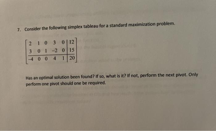 Solved 7. Consider the following simplex tableau for a | Chegg.com