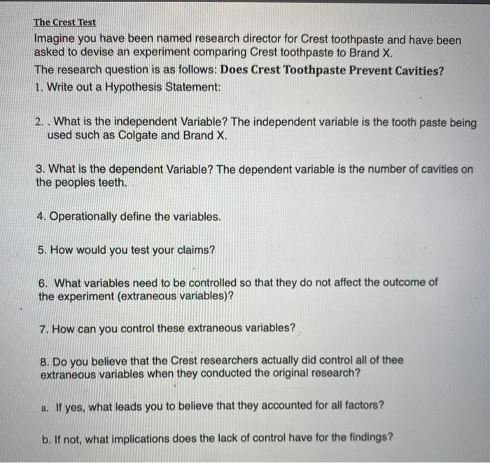 Solved The Crest Test Imagine you have been named research | Chegg.com