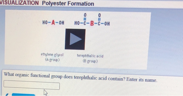Solved VISUALIZATION Polyester Formation 0 11 HO-C-B-C-0H O= | Chegg.com