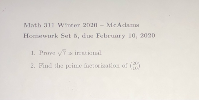 Solved Math 311 Winter 2020 – McAdams Homework Set 5, due | Chegg.com