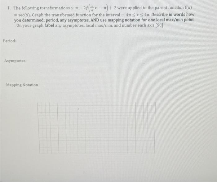 Solved 1. The following transformations y=−2f(41x−π)+2 were | Chegg.com