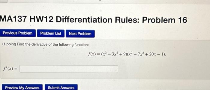 Solved MA137 HW12 Differentiation Rules: Problem 16 (1 | Chegg.com