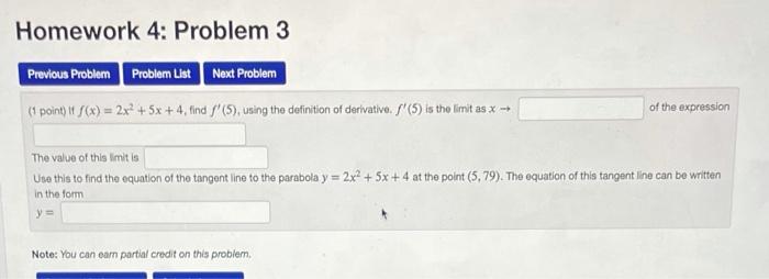 Solved (1 point) if f(x)=2x2+5x+4, find f′(5), using the | Chegg.com
