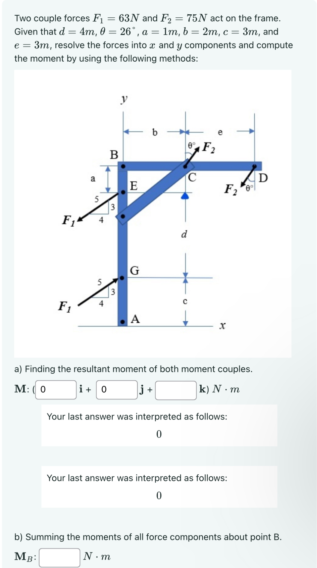 Solved Two couple forces F1=63N ﻿and F2=75N ﻿act on the | Chegg.com
