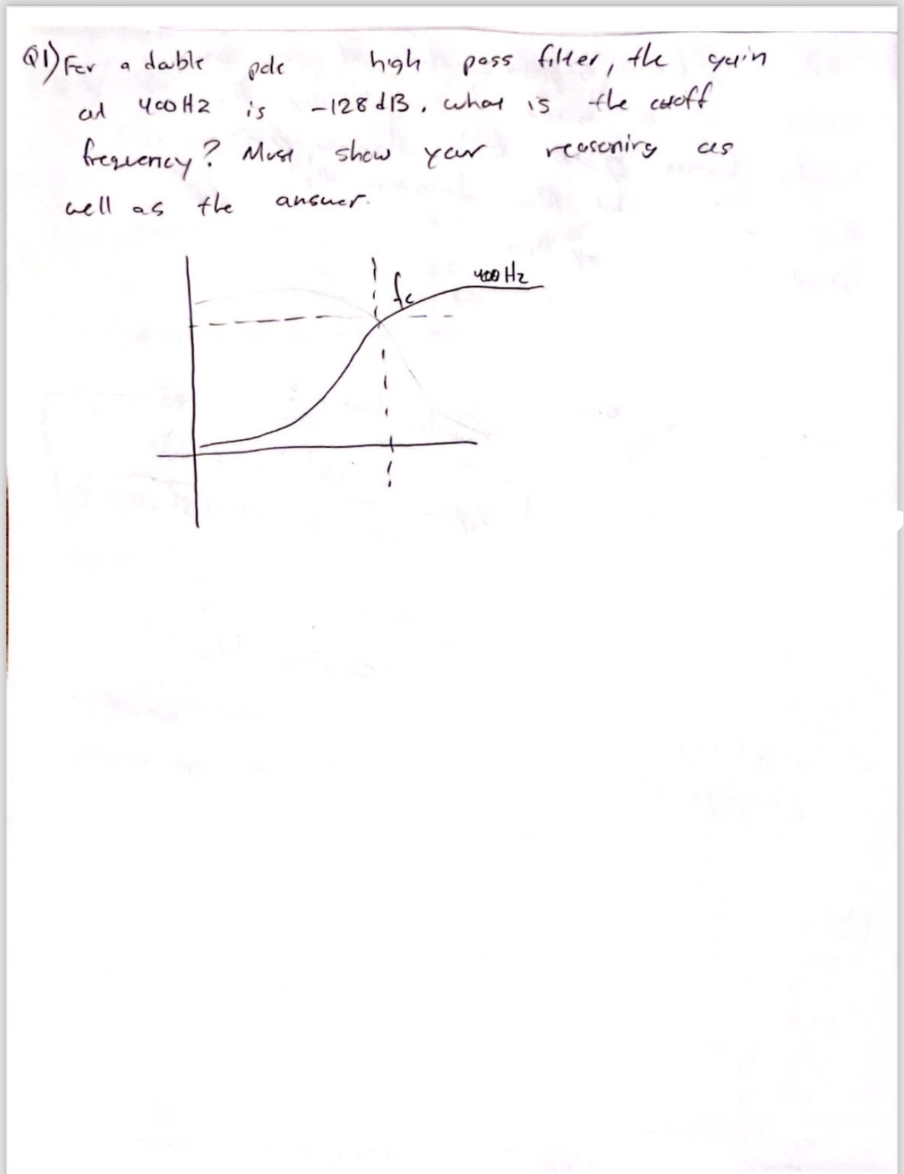 Solved by an EXPERT Q1) ﻿Fer a dable pole high pass filter, the yquin ...