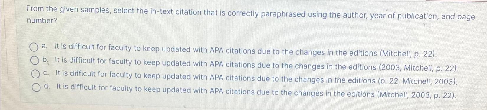 Solved From the given samples, select the in-text citation | Chegg.com