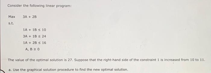 Solved Consider the following linear program: Max 3A+2B s.t. | Chegg.com