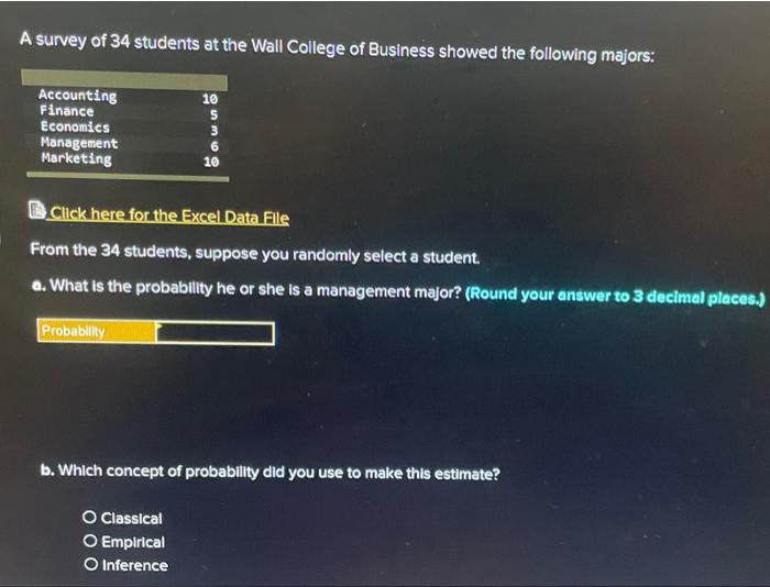 Solved A survey of 34 students at the Wall College of | Chegg.com