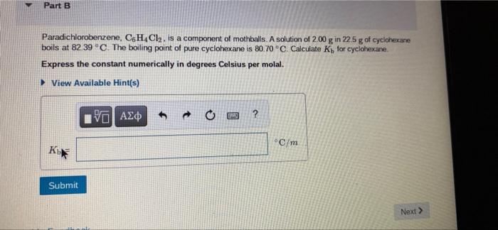 Solved Part A Cyclohexane has a freezing point of 6.50 °C | Chegg.com