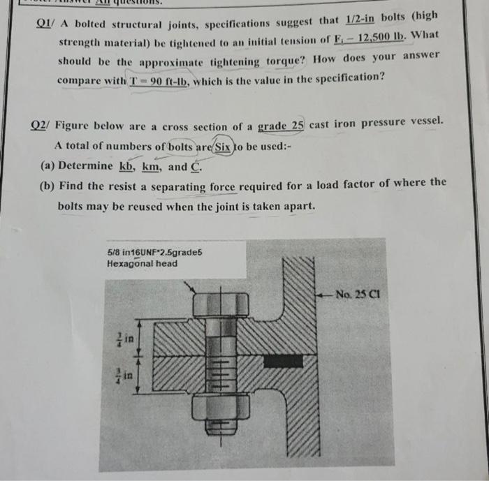 Solved Q1/ A bolted structural joints, specifications | Chegg.com