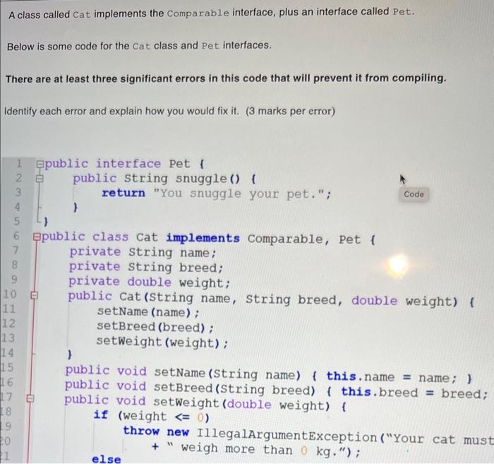 Solved A class called Cat implements the Comparable | Chegg.com