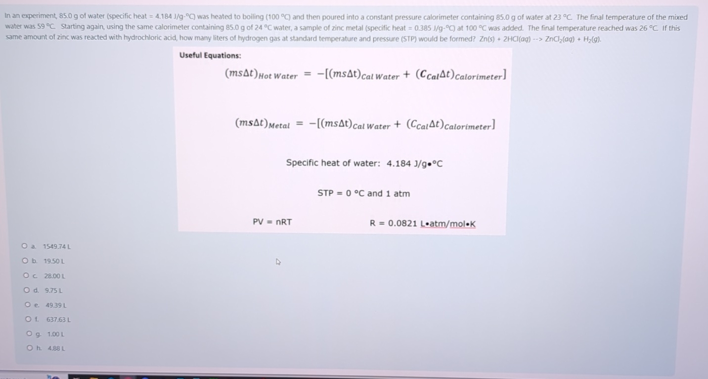 Solved In an experiment, 85.0g ﻿of water (specific heat | Chegg.com