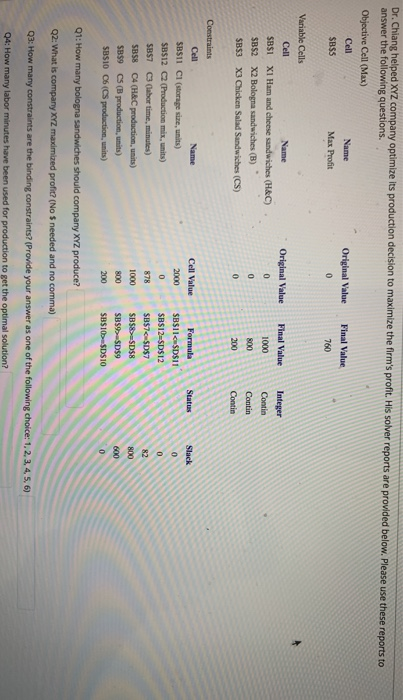 Solved Dr. Chiang helped XYZ company optimize its production | Chegg.com