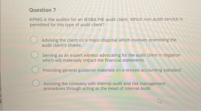 Solved KPMG is the auditor for an IESBA PIE audit client. | Chegg.com