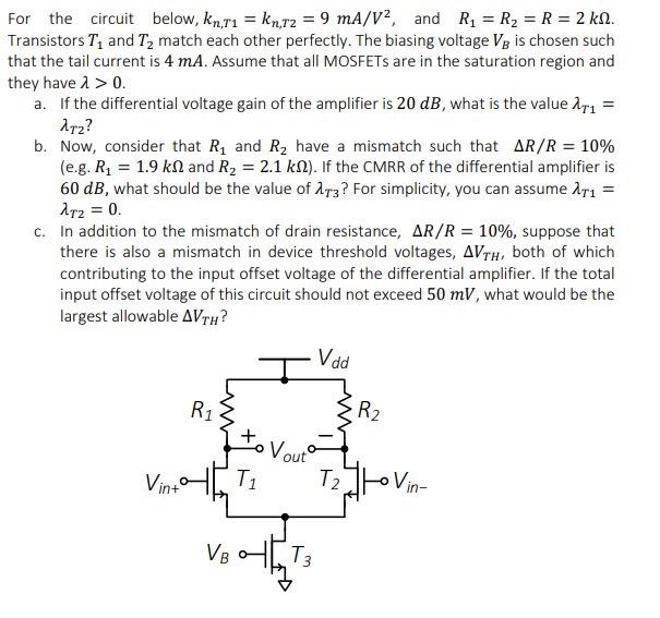 Solved For the circuit below, kn,T1=kn,T2=9 mA/V2, and | Chegg.com