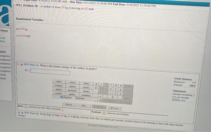 Solved Randomized Variables m=75 kgvf=42mph [o soen Part (a) | Chegg.com