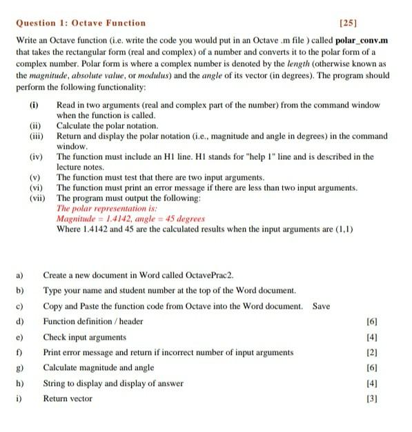 Solved Question 1: Octave Function [25) Write an Octave | Chegg.com