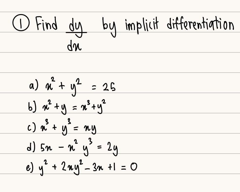 Solved (1) Find dxdy by implicit differentiation a) x2+y2=25 | Chegg.com